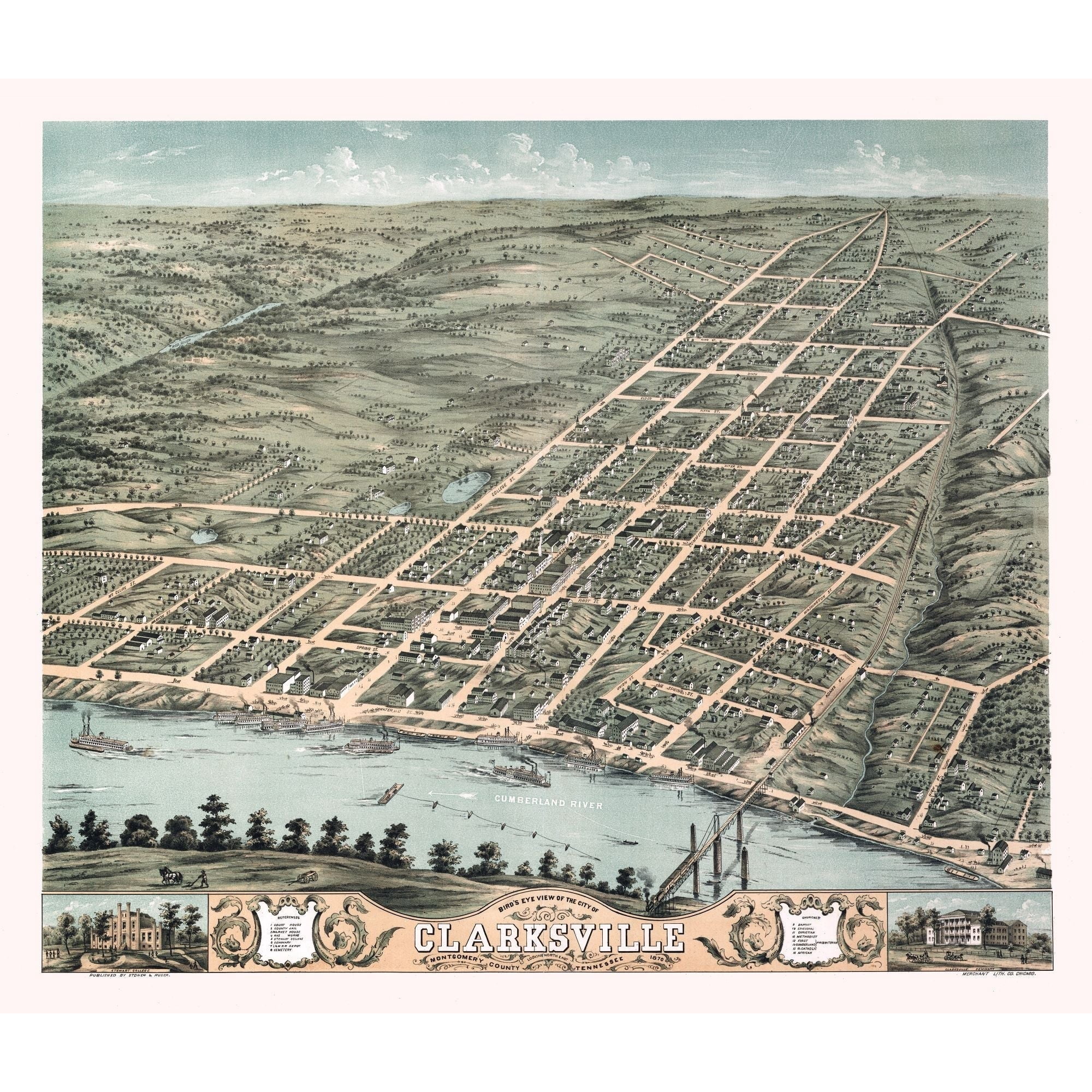 Historic Panoramic View - Clarksville Tennessee - Stoner 1870 - Vintage ...