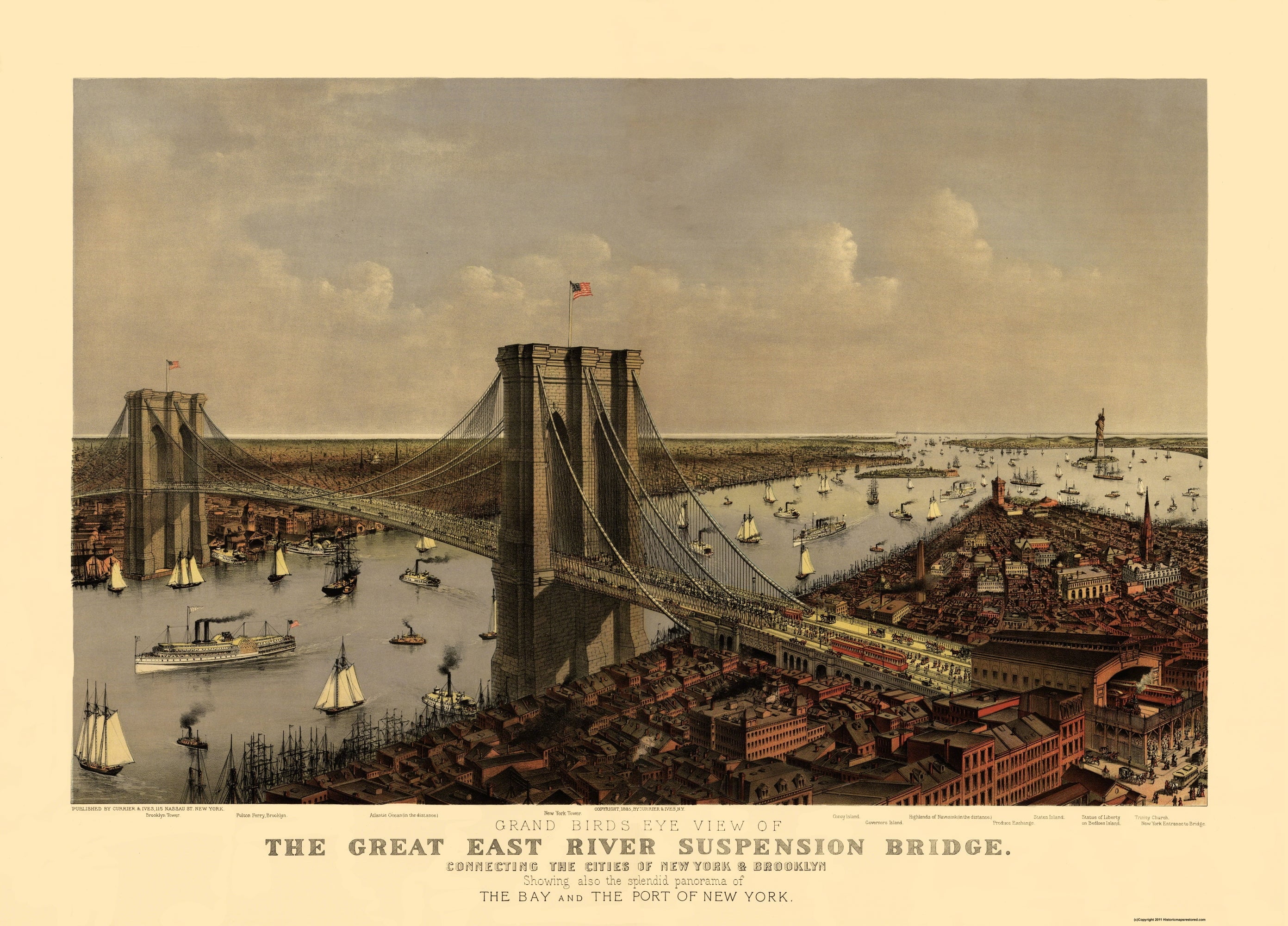 Historic Panoramic View - East River Suspension Bridge New York ...