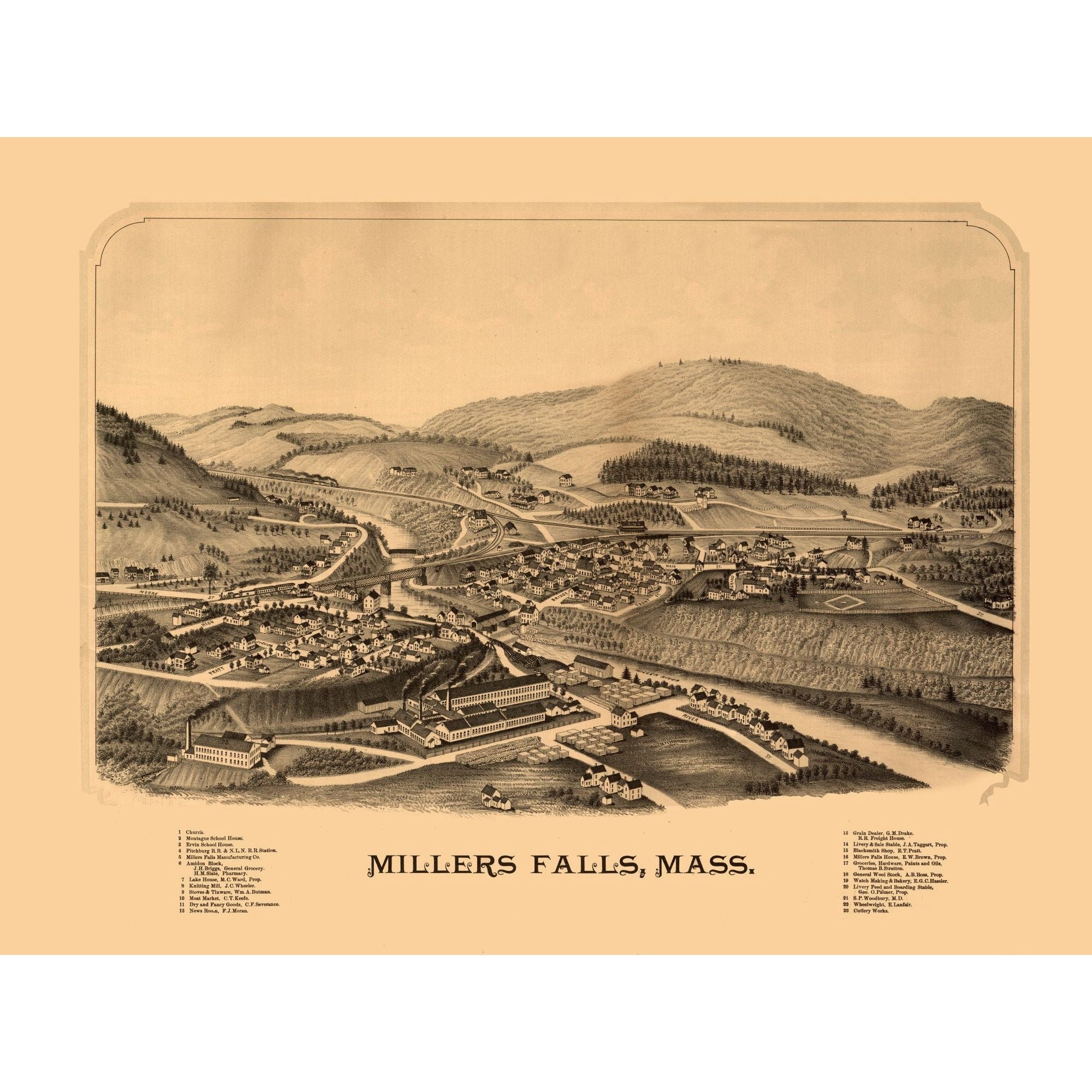 Historic Panoramic View - Millers Falls Massachusetts - 1880 - Vintage ...