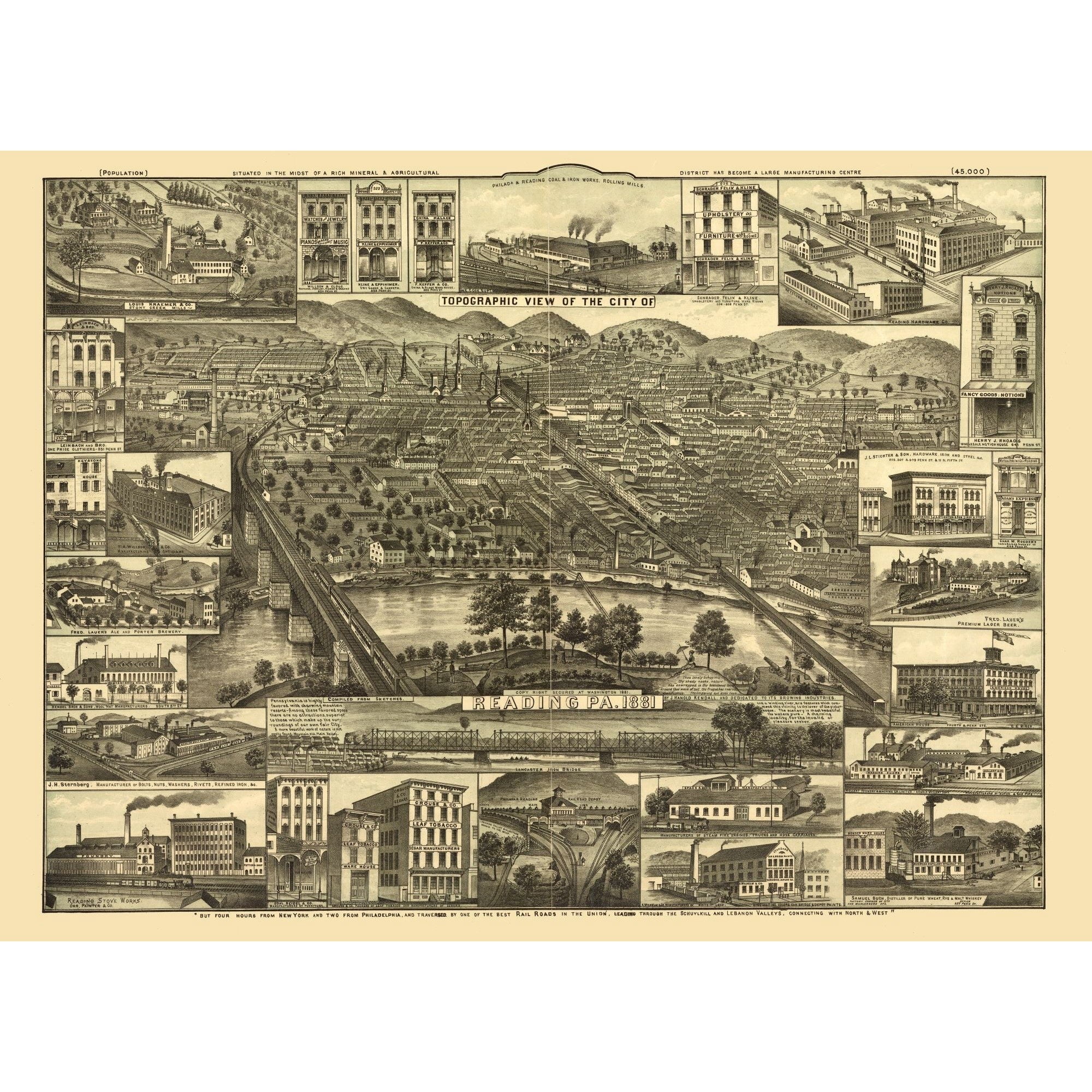 Historic Panoramic View - Reading Pennsylvania - 1881 - 31.77 x 23 ...