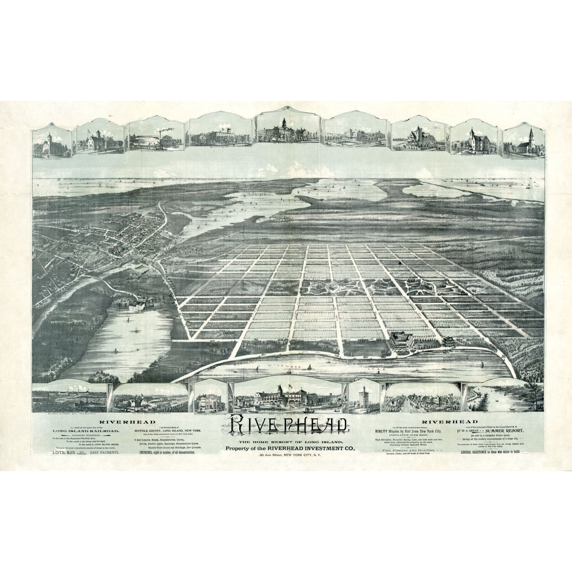 Historic Panoramic View - Riverhead New York - 1890 - 35.56 x 23 ...