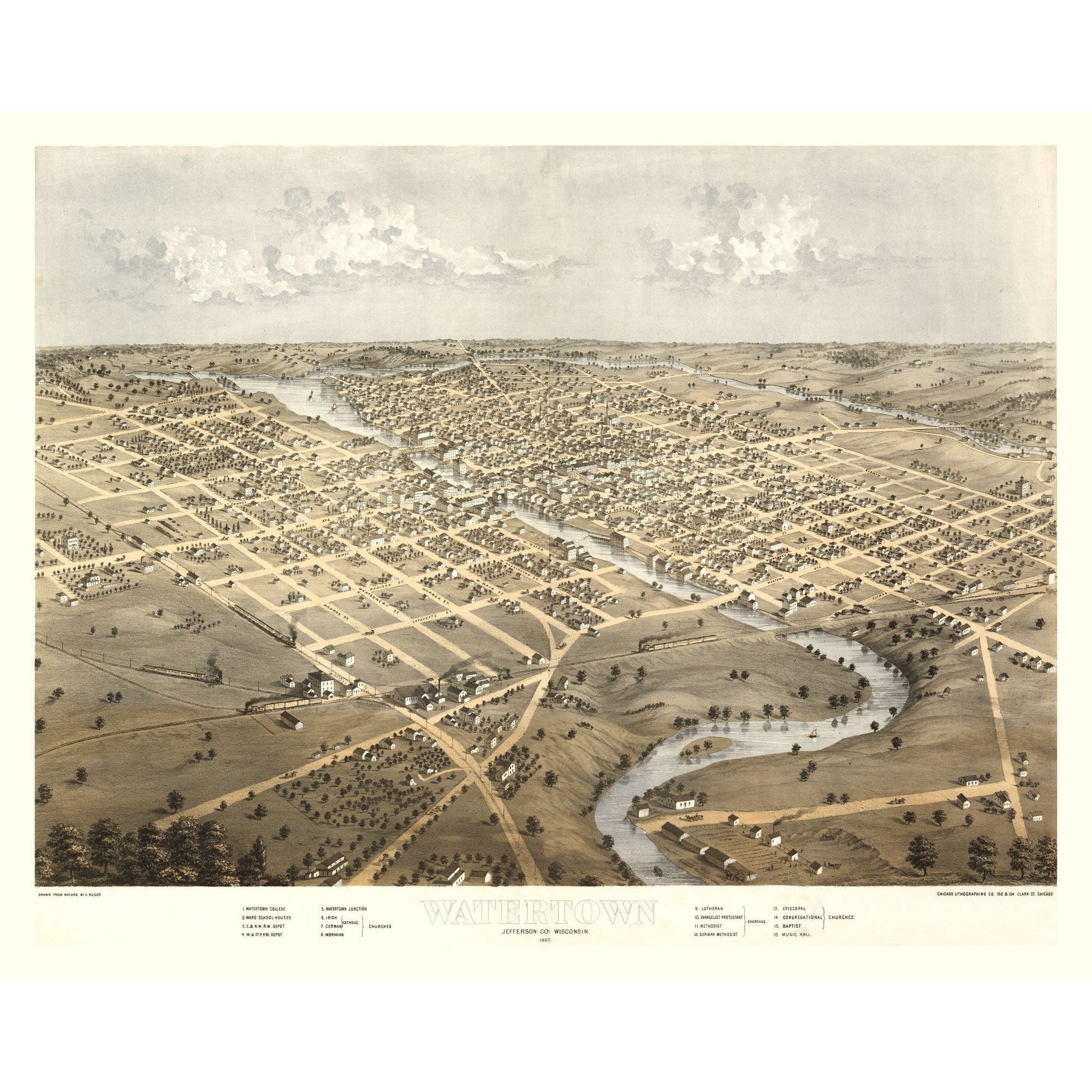 Historic Panoramic View - Watertown Wisconsin - Ruger 1867 - 28.87 x 23 ...