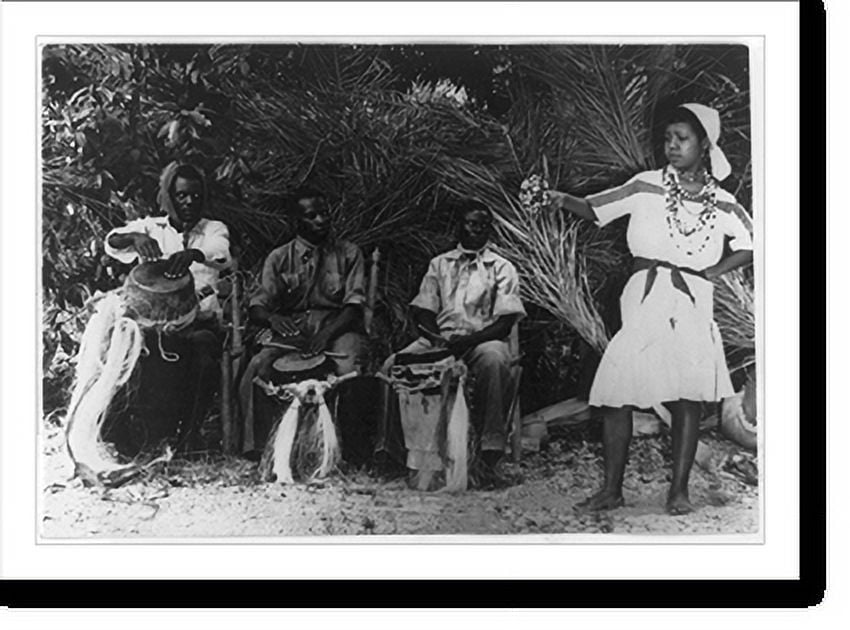 Historic Print, [3 Haitian drummers and a dancer demonstrate an ancient ...