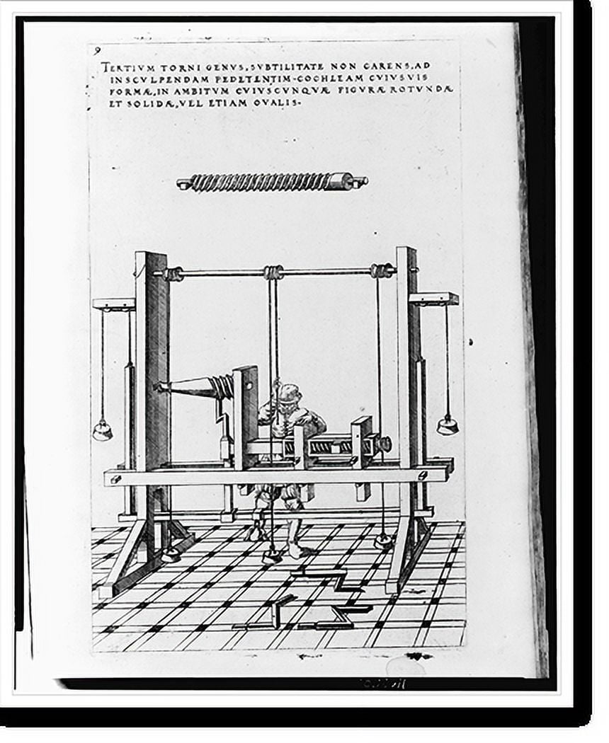 Historic Print, [A man operating a lathe with fixed cutting tool driven ...