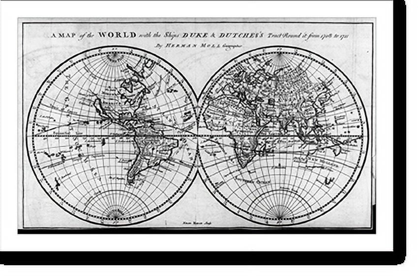 Historic Print, A map of the world with ships DUKE & DUTCHESS' tract ...