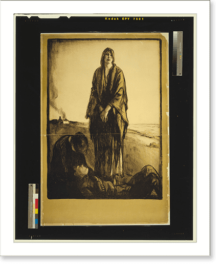 Historic Print, [A woman stands disconsolate, as another bends over a ...