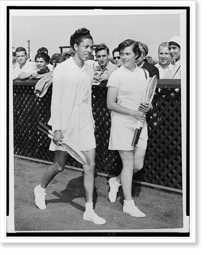 Historic Print, [Althea Gibson and Barbara Knapp walk on grass at ...