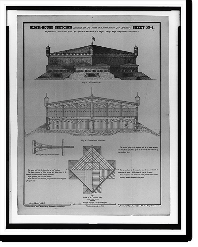 Historic Print, Architectural drawing for a blockhouse (blockhouse for ...
