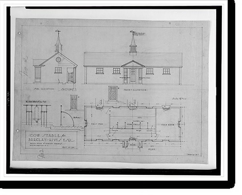 Historic Print, Architectural drawing for a stable (cow stable") for ...
