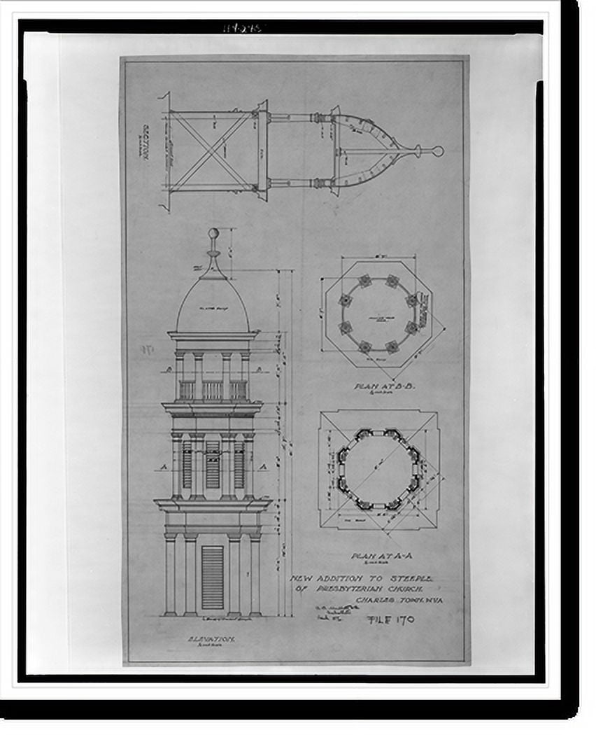 Historic Print, Architectural drawing for alterations to the steeple of ...