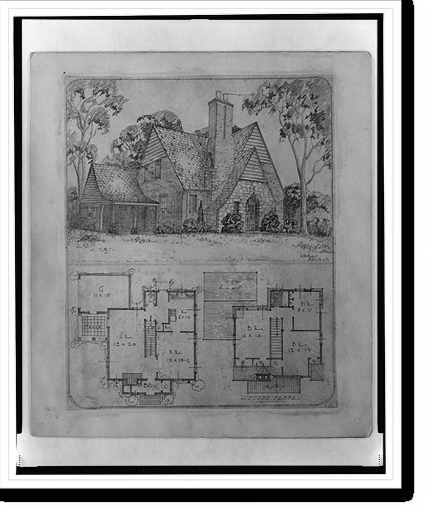 Historic Print, [Architectural drawings for houses. Front perspective ...