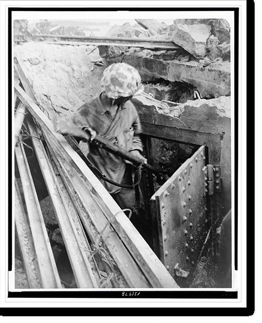 Historic Print, Blasted pillbox is inspected by a leatherneck whose ...