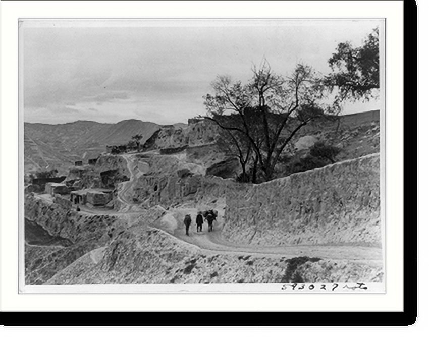 Historic Print, [China. Man with 2 pack horses on mountain road lined ...