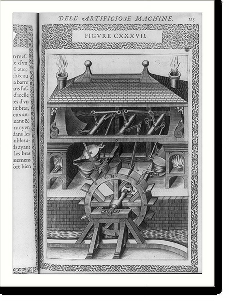 Historic Print, [Complex machine using water-wheel, bellows, and ...