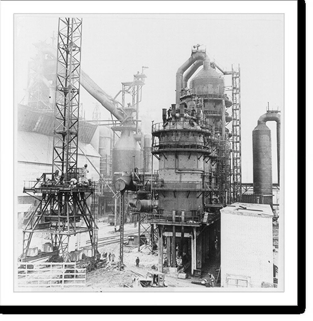 Historic Print, Construction work on a new giant blast furnace. iron ...