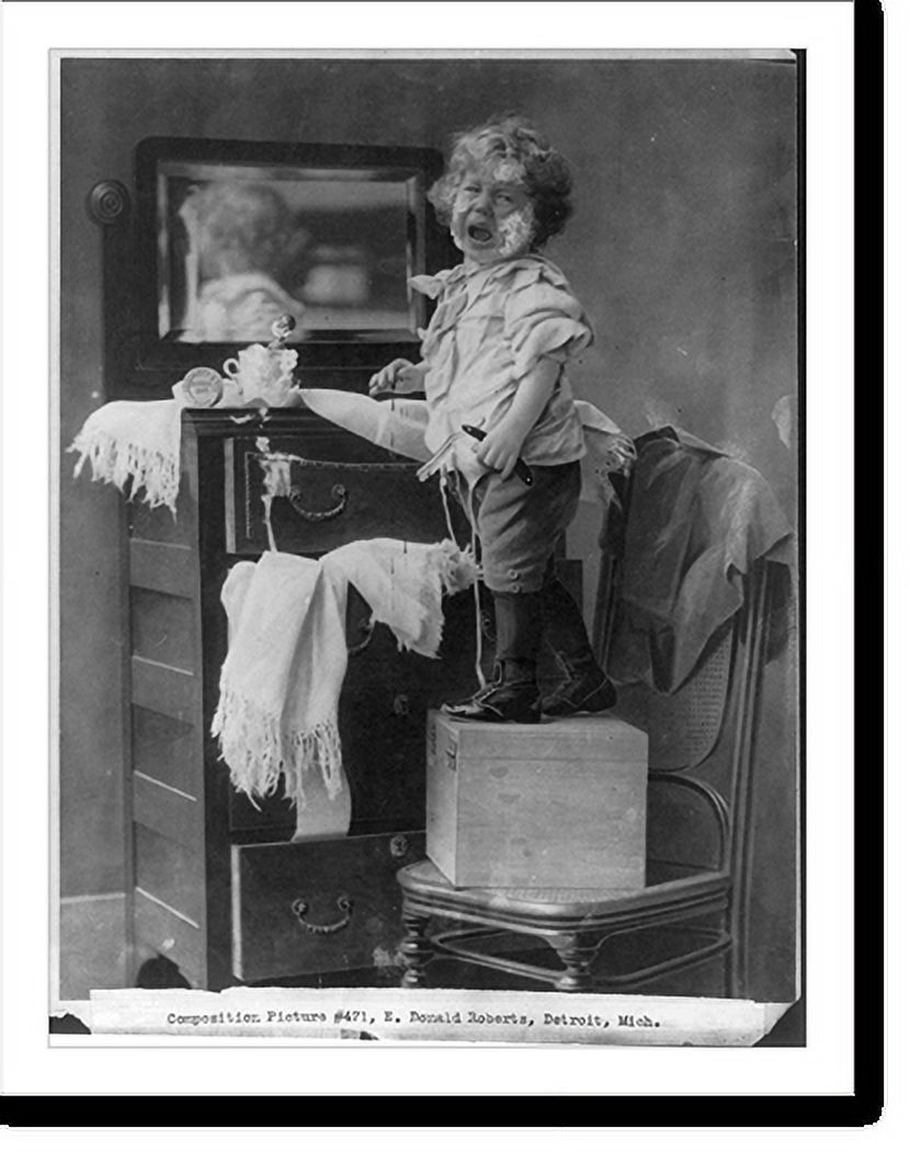 Historic Print, [Crying child with bleeding hand standing on box on ...