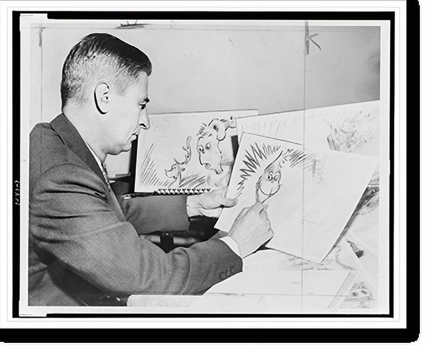 Historic Print, Dr. Seuss (Ted Geisel) at work on a drawing of a grinch ...