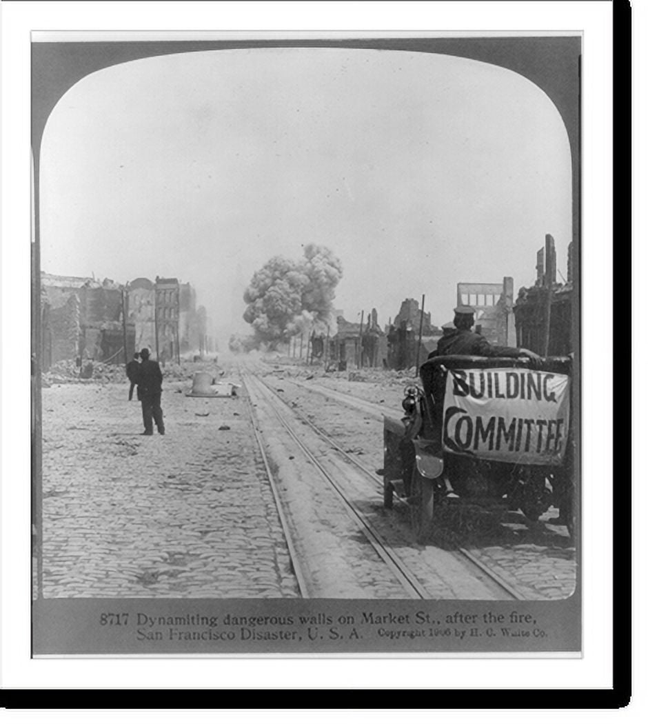Historic Print, Dynamiting dangerous walls on Market St., after the ...