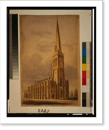 Historic Print, [Exterior view of masonry church with axial tower ...