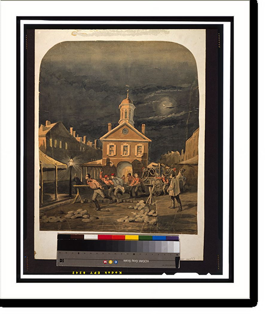Historic Print, [Firehouse scene showing firemen leaving firehouse ...