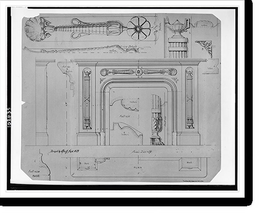 Historic Print, [Fireplace mantel. Elevations, plan sections and full ...