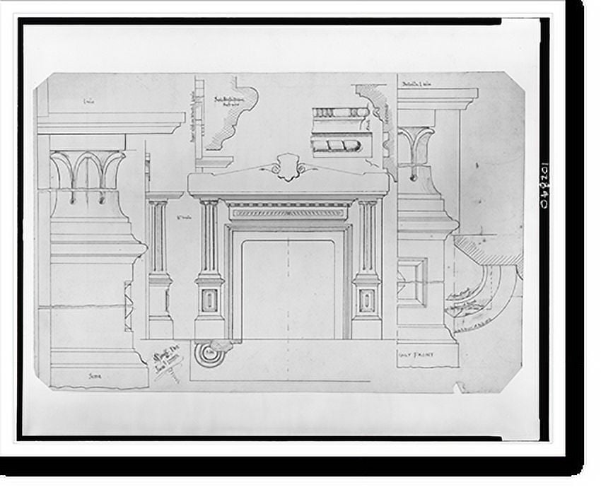 Historic Print, [Fireplace mantel. Elevations, plan, sections, and half ...