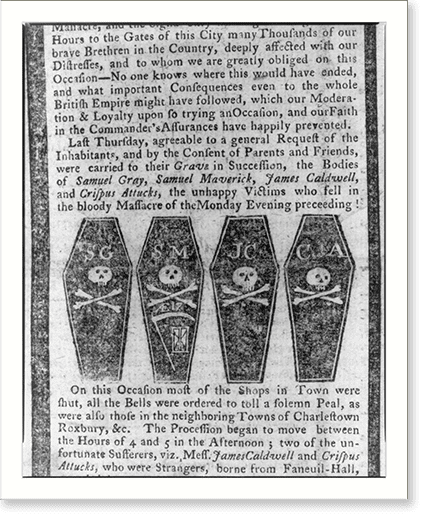 Historic Print, [Four coffins of men killed in the Boston Massacre], 16 ...