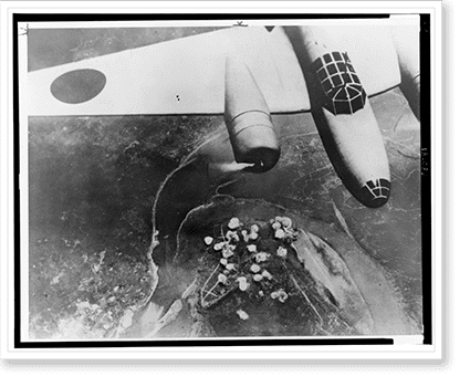 Historic Print, [Front end of Japanese bomber in flight, below smoke ...