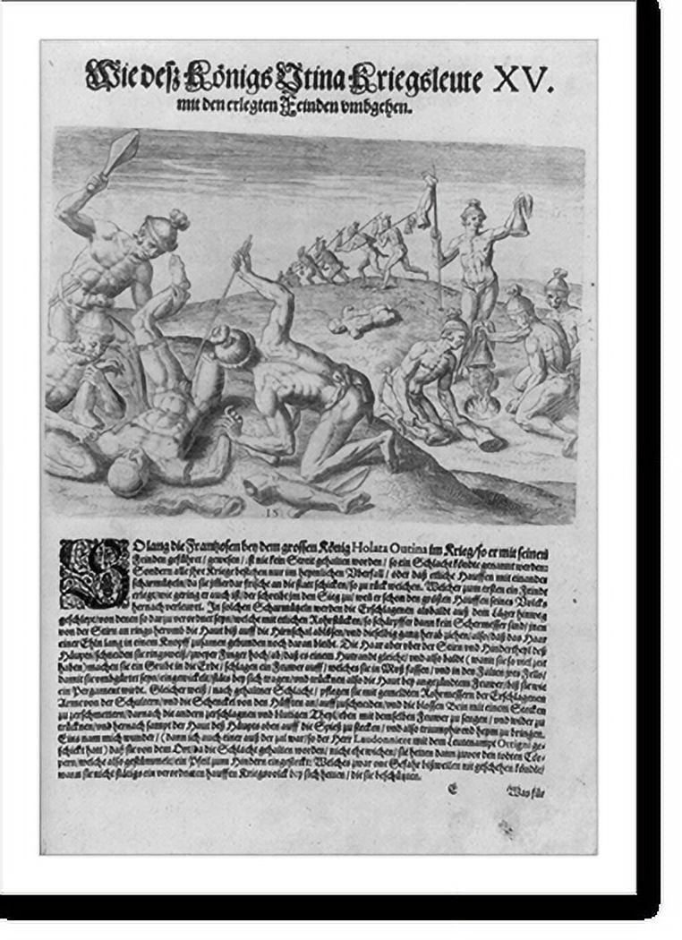 Historic Print, Group of cannibal Indians dismembering and cooking ...