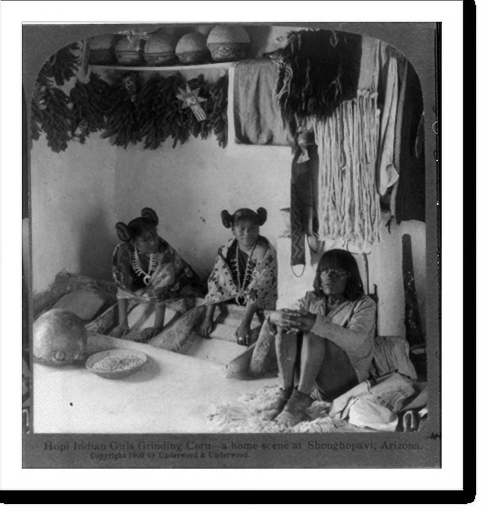 Historic Print, Hopi Indian Girls Grinding Corn. a home scene at ...