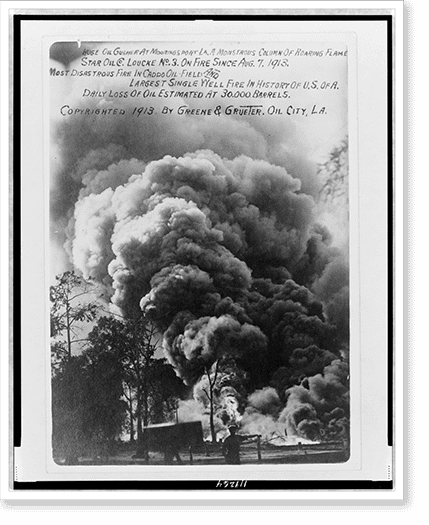 Historic Print, Hugh oil gusher at Mooringsport, La. A monstrous column ...
