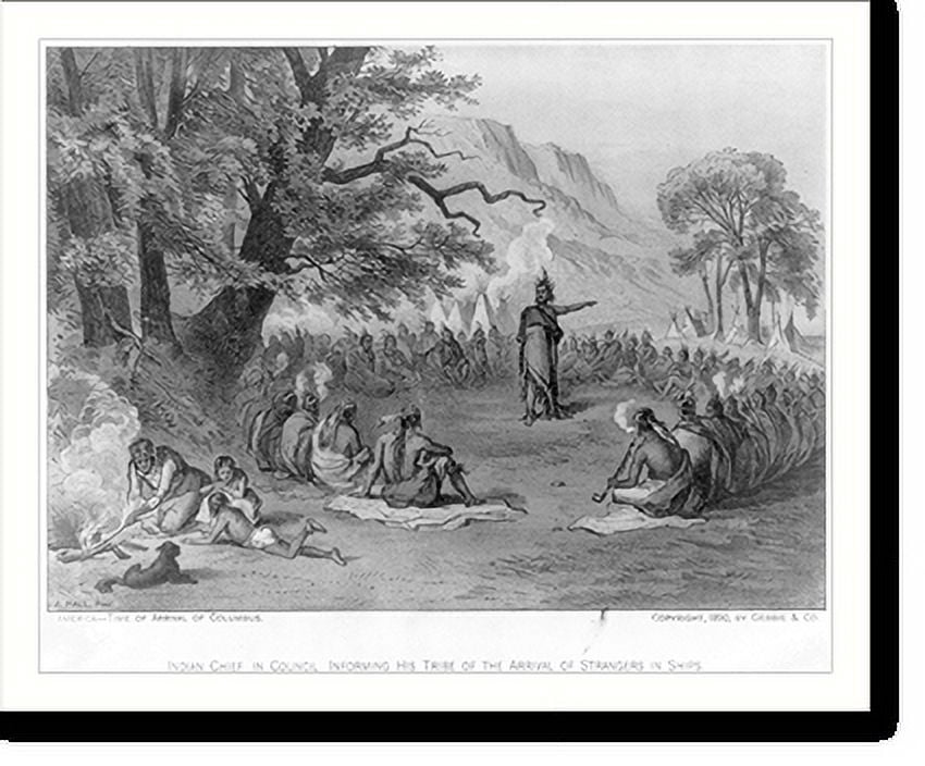Historic Print, Indian chief in council informing his tribe of the ...