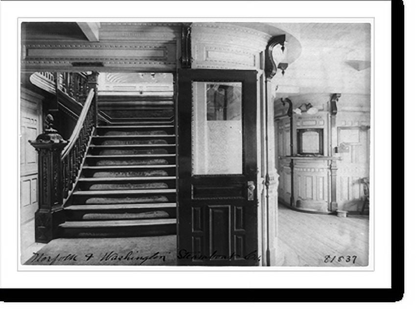 Historic Print, [Interior view of steamboat showing stairway and ...
