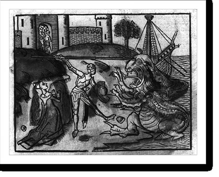Historic Print, [Knight in armor slaying dragon; woman kneeling], 18" x ...
