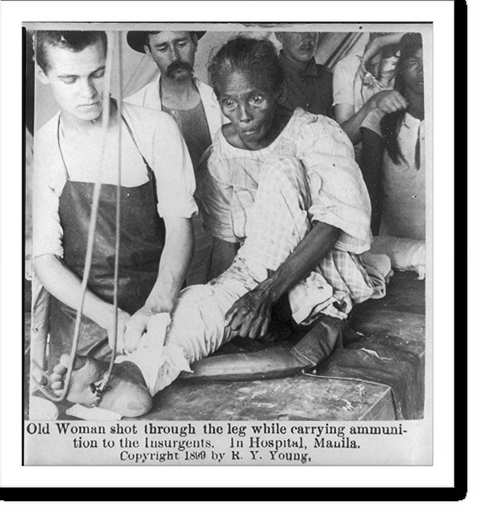 Historic Print, [Manila, P.I., 1899: Old owman shot through leg while ...