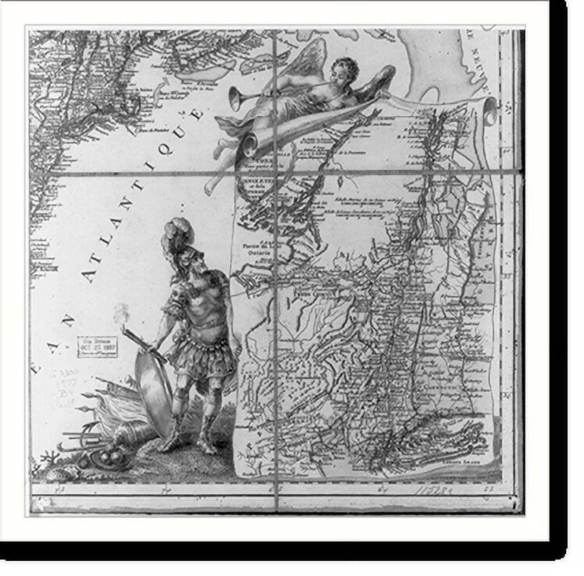 Historic Print, [Map ornament - Mars watches Fame unfurl a detailed map ...