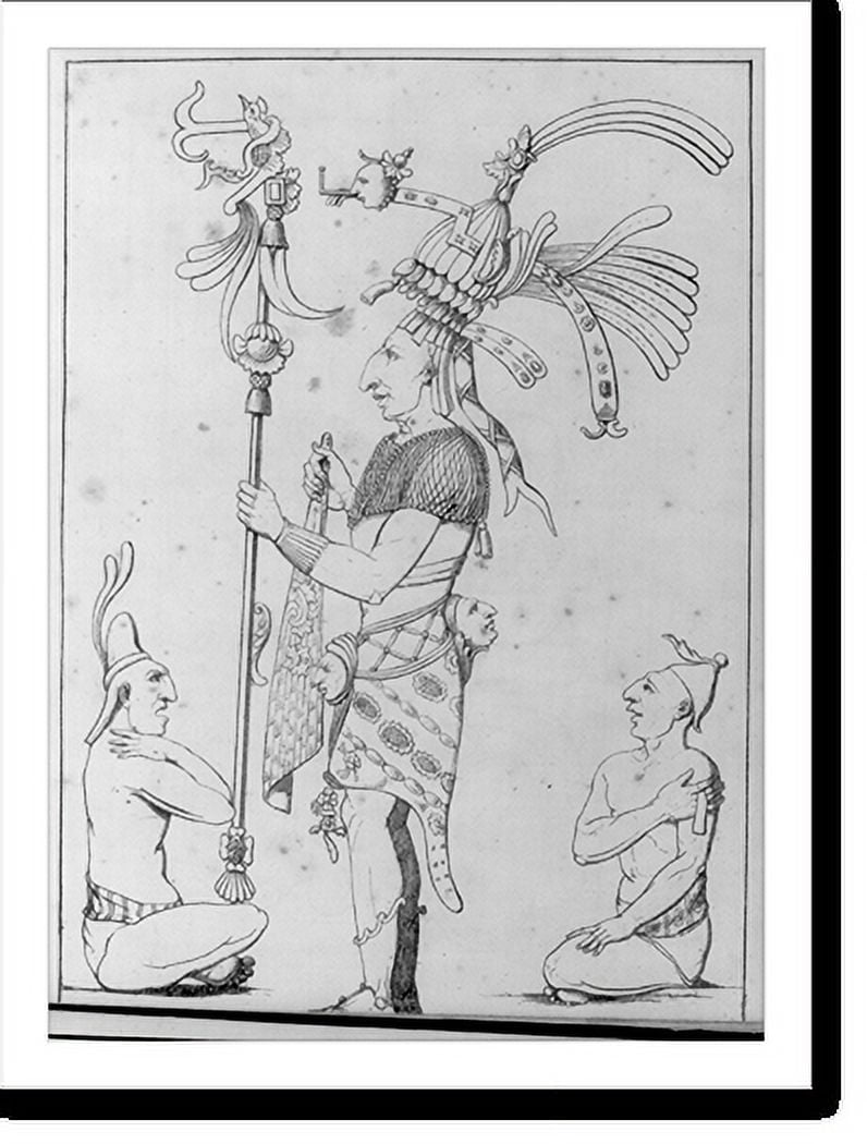 Historic Print, [Mayan Indian standing with ornate headdress and staff ...