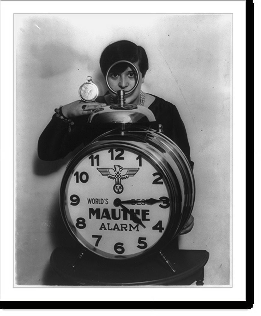 Historic Print, Miss Ella Nachman with a normal sized alarm clock in ...