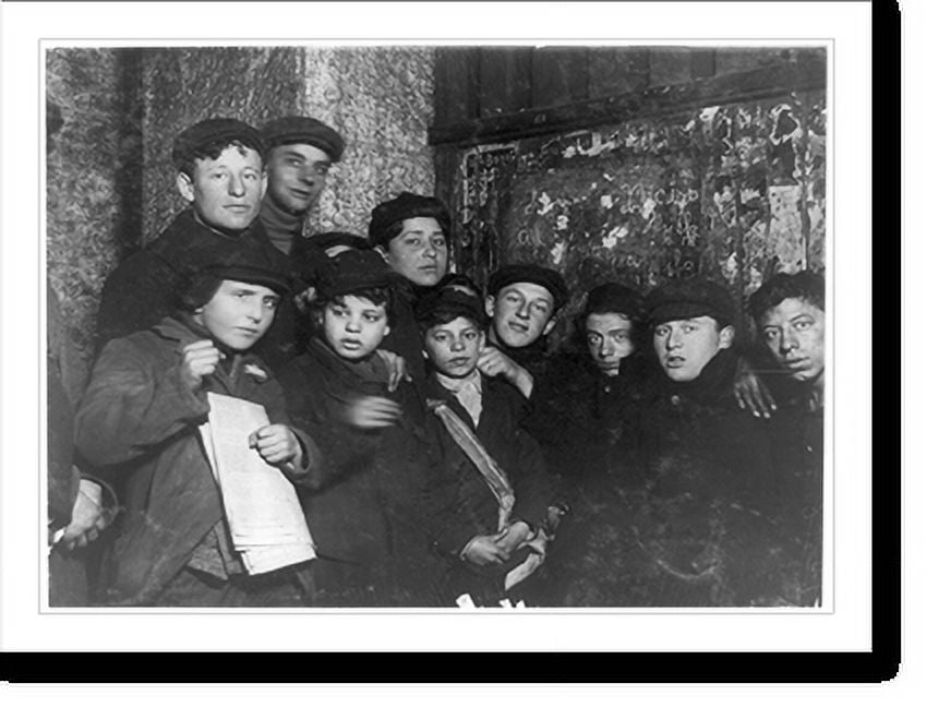 Historic Print, Newsie in cellar-room of a paper office in alley back ...