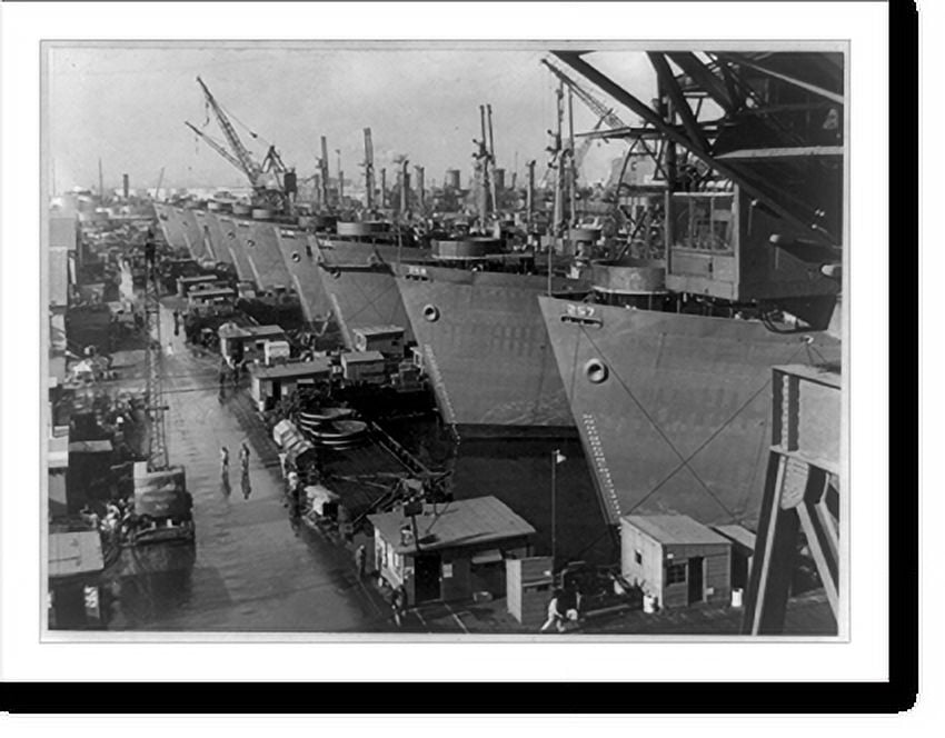 Historic Print, [Nine huge Liberty cargo ships at outfitting docks of ...