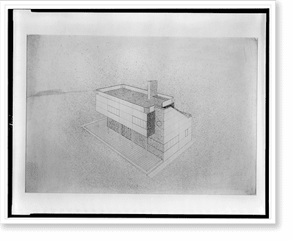 Historic Print, [Nucleus House. Exterior from above showing circular ...