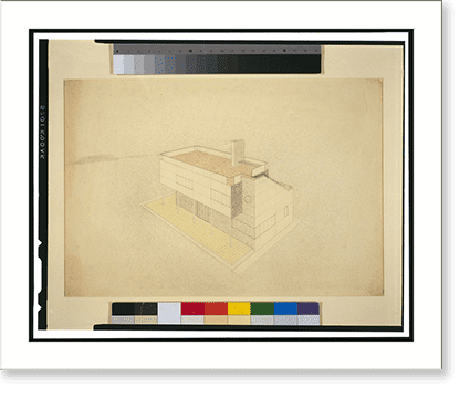 Historic Print, [Nucleus House. Exterior from above showing circular ...