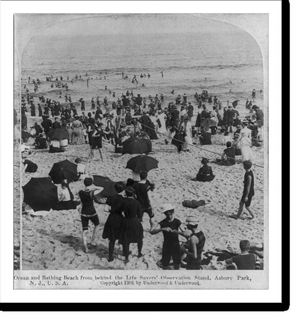 Historic Print, Ocean and Bathing Beach from behind the Life Savers ...