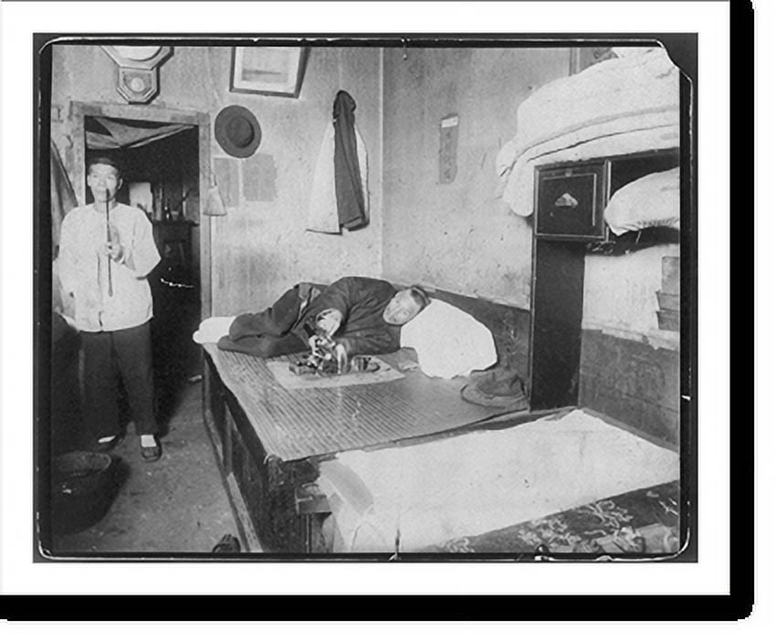 Historic Print, Opium den underground, by flashlight. Smoker [reclining ...