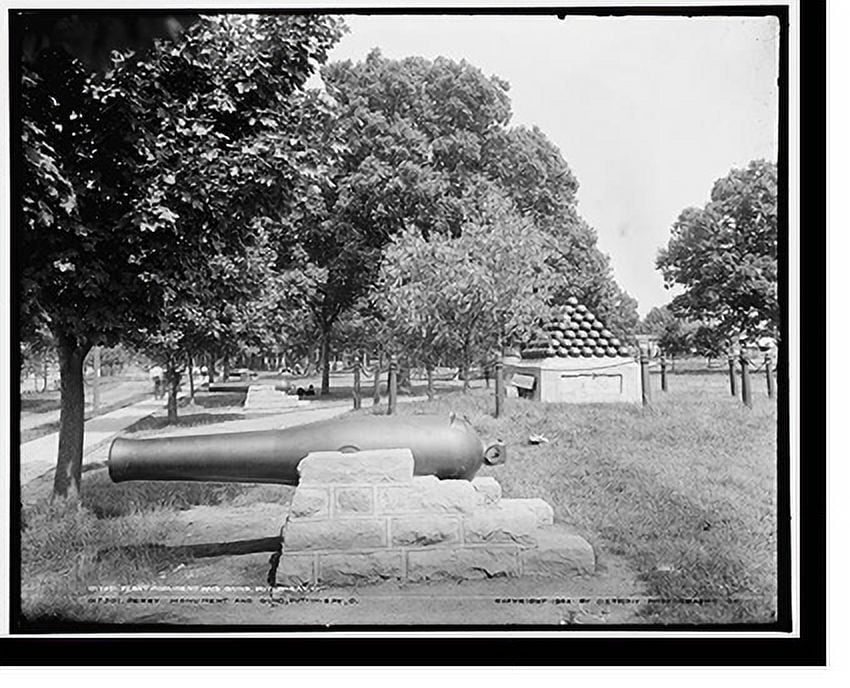 Historic Print, Perry monument [i.e. Cannonball Monument] and guns, Put ...
