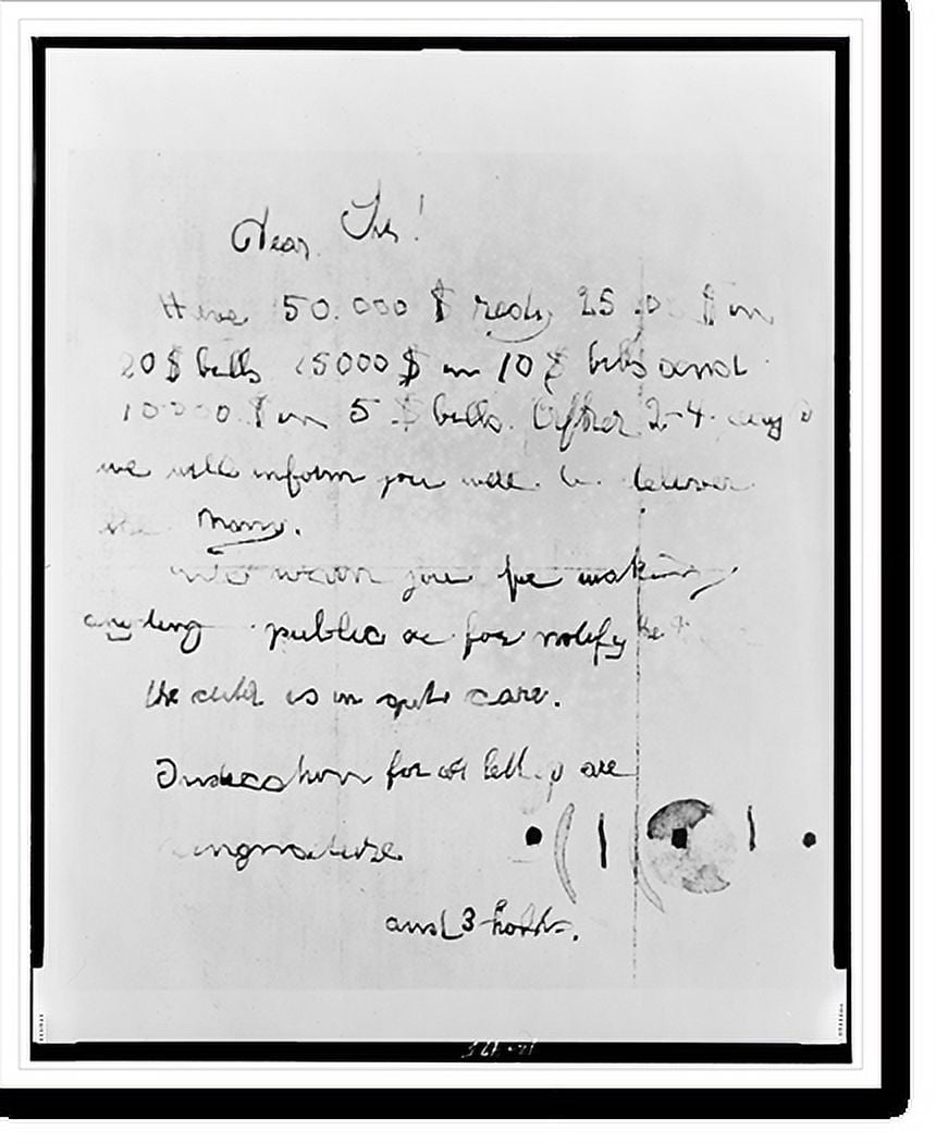 Historic Print, [Photograph of copy of first ransom note pinned to the ...