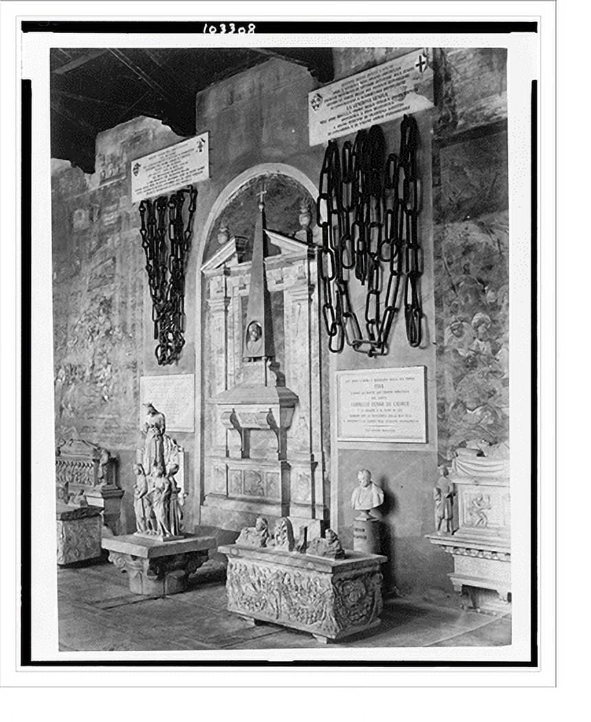 Historic Print, Pisa. Campo Santo. Old chains which closed the Arno ...