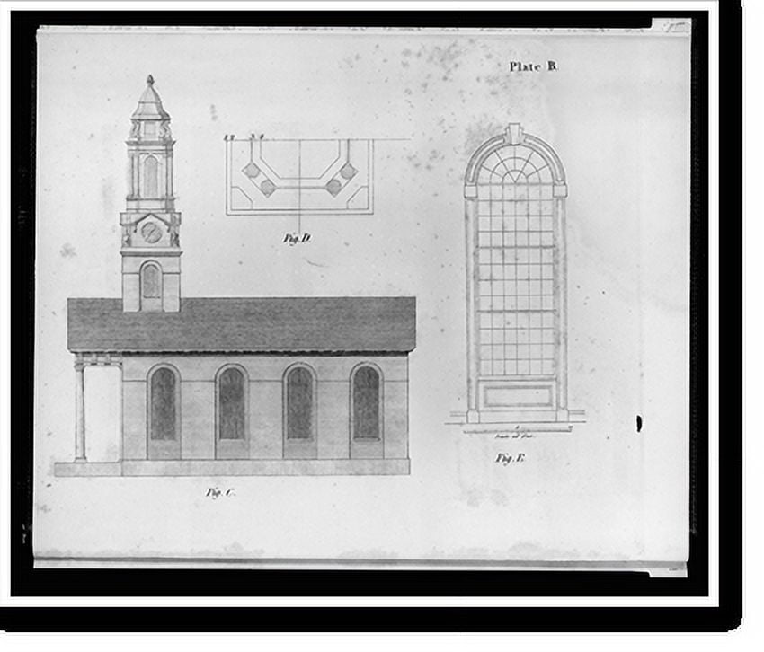 Historic Print, [Plan and elevations of a church. Side elevation, plan ...