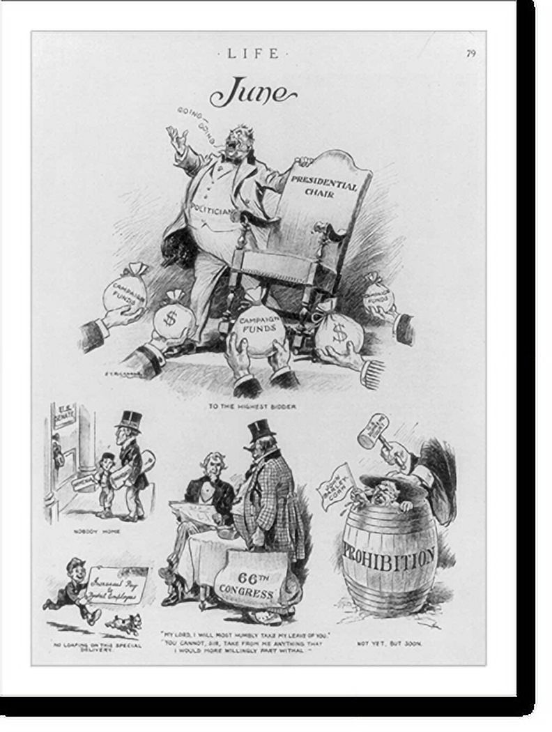 Historic Print, [Political cartoon with 5 vignettes: politican" selling ...