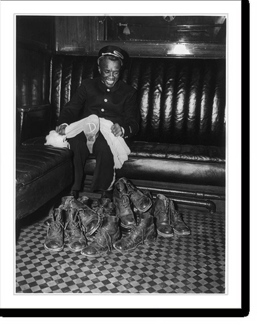 Historic Print, Pullman porter [African American] buffing pile of Army ...